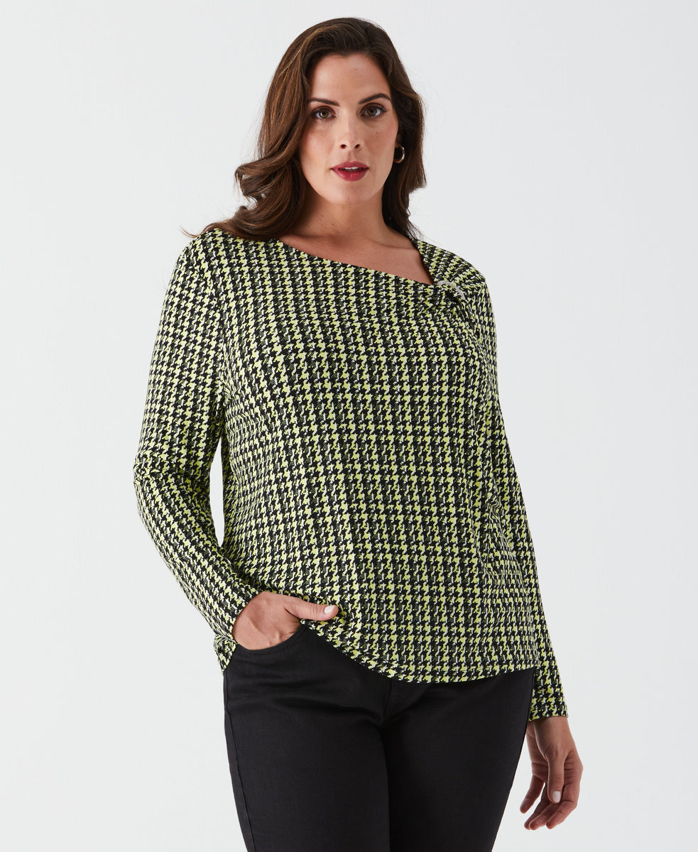 Women's Plus Size Houndstooth Print Asymmetric Neck Top | Rafaella